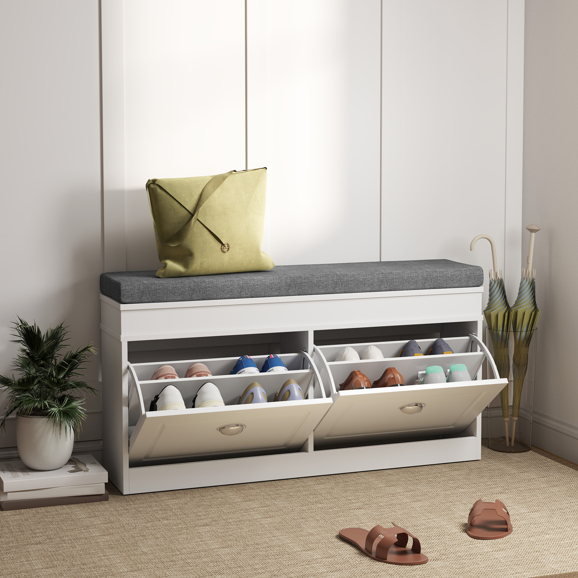 Shoe Storage Bench with Flip Drawers, Shoe Cabinet with Seat Cushion ...