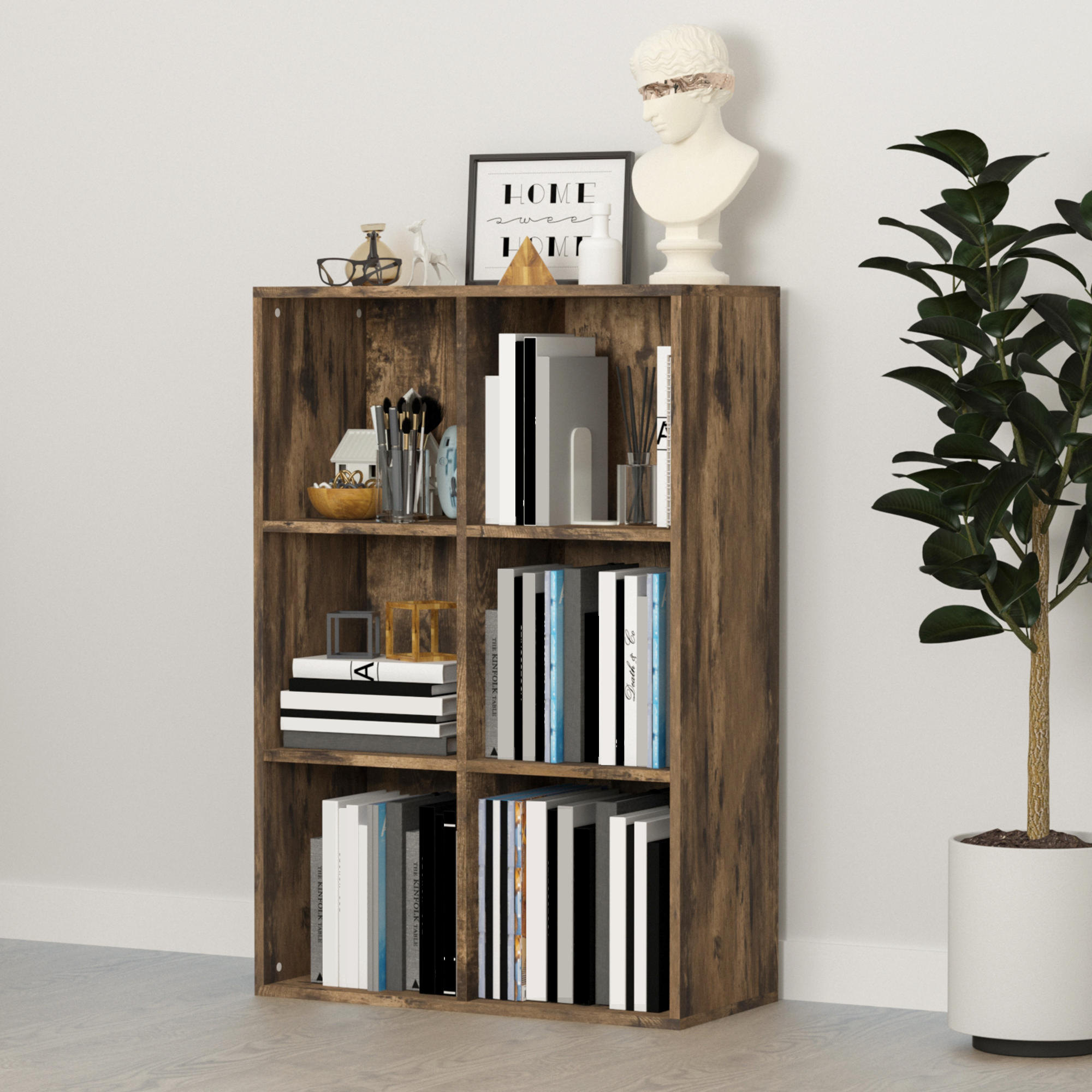 Six-Cube Bookcase - Rustic Brown Wood Effect on Anglia Market ...