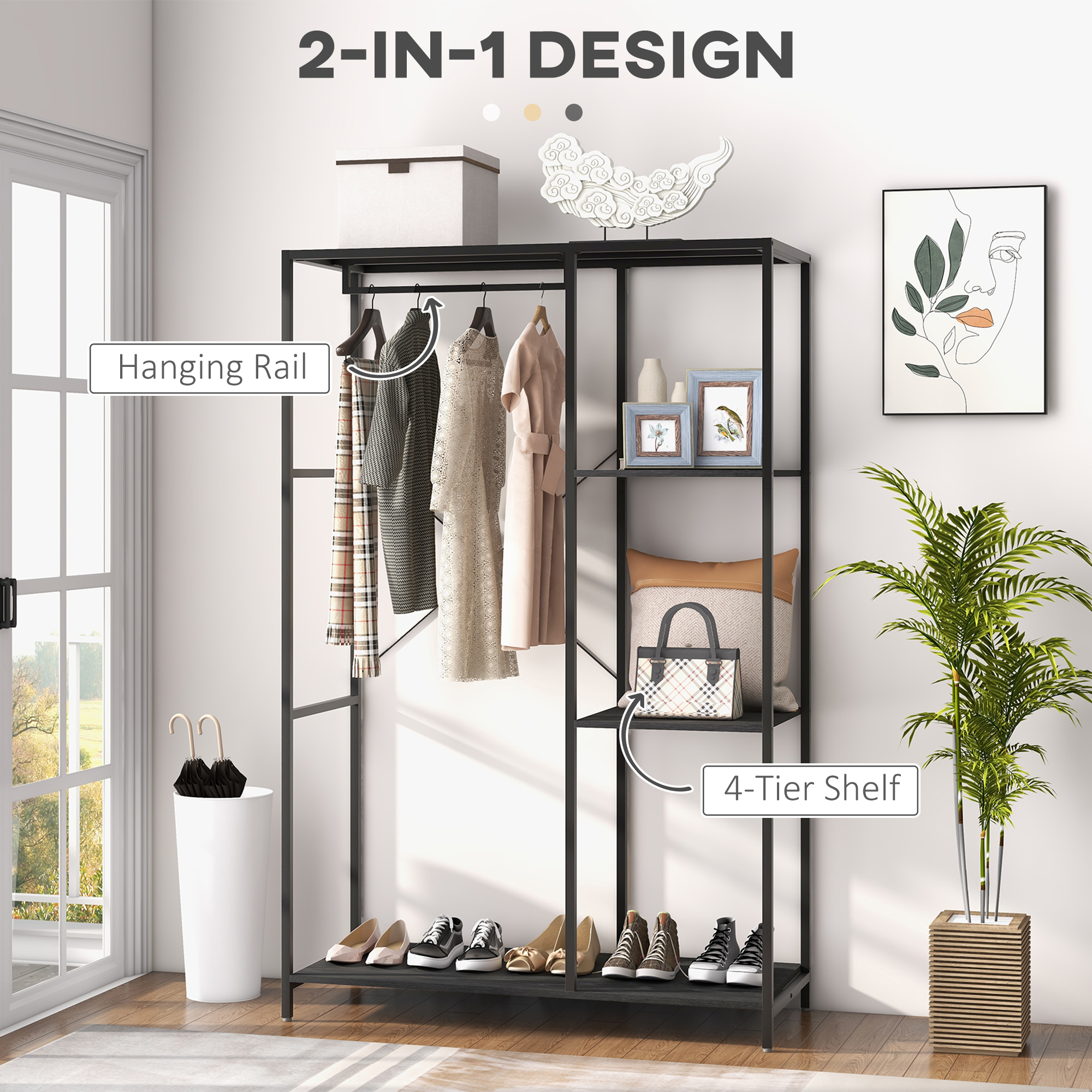 Steel Frame Clothes Storage Rack, with Shelves - Black on Anglia Market
