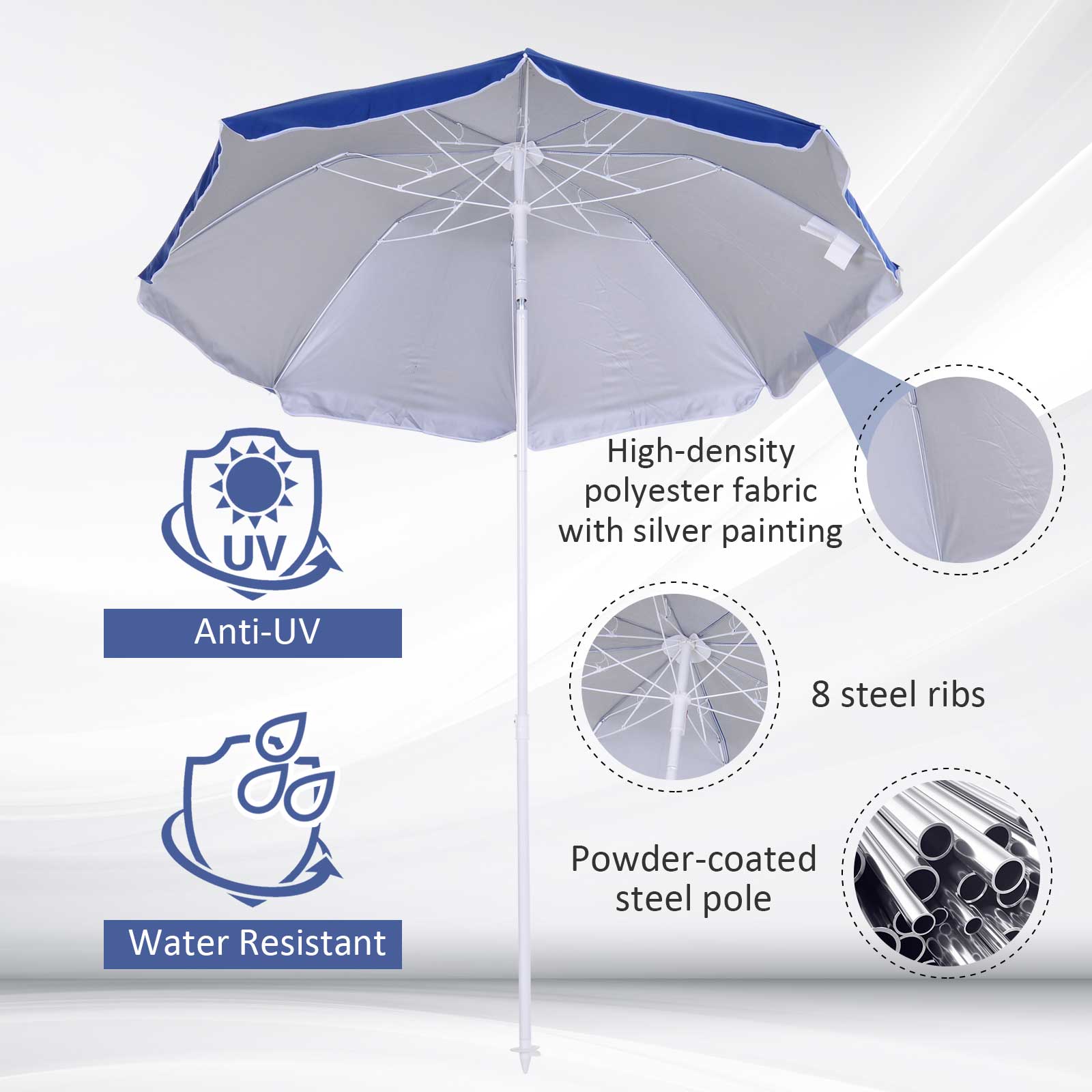 1.7m Beach Umbrella, Portable Parasol with Tilting Function, Carry Bag ...