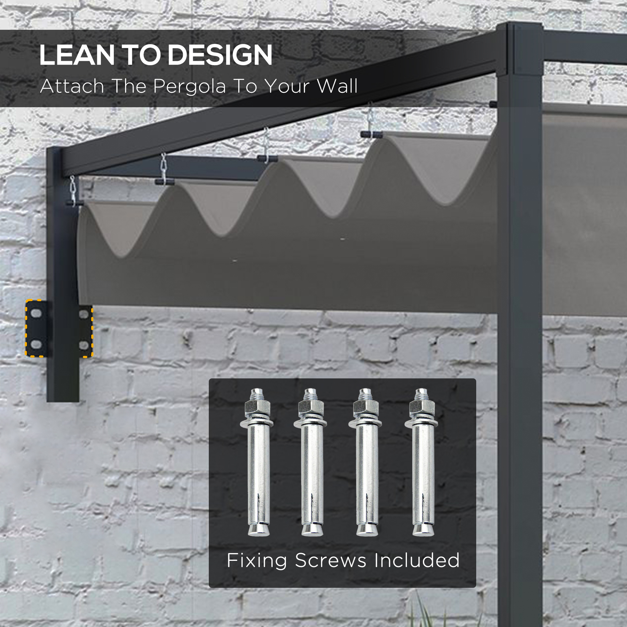 2 x 3(m) Lean To Steel Pergola, with Moving Fabric Canopy - Dark Grey ...