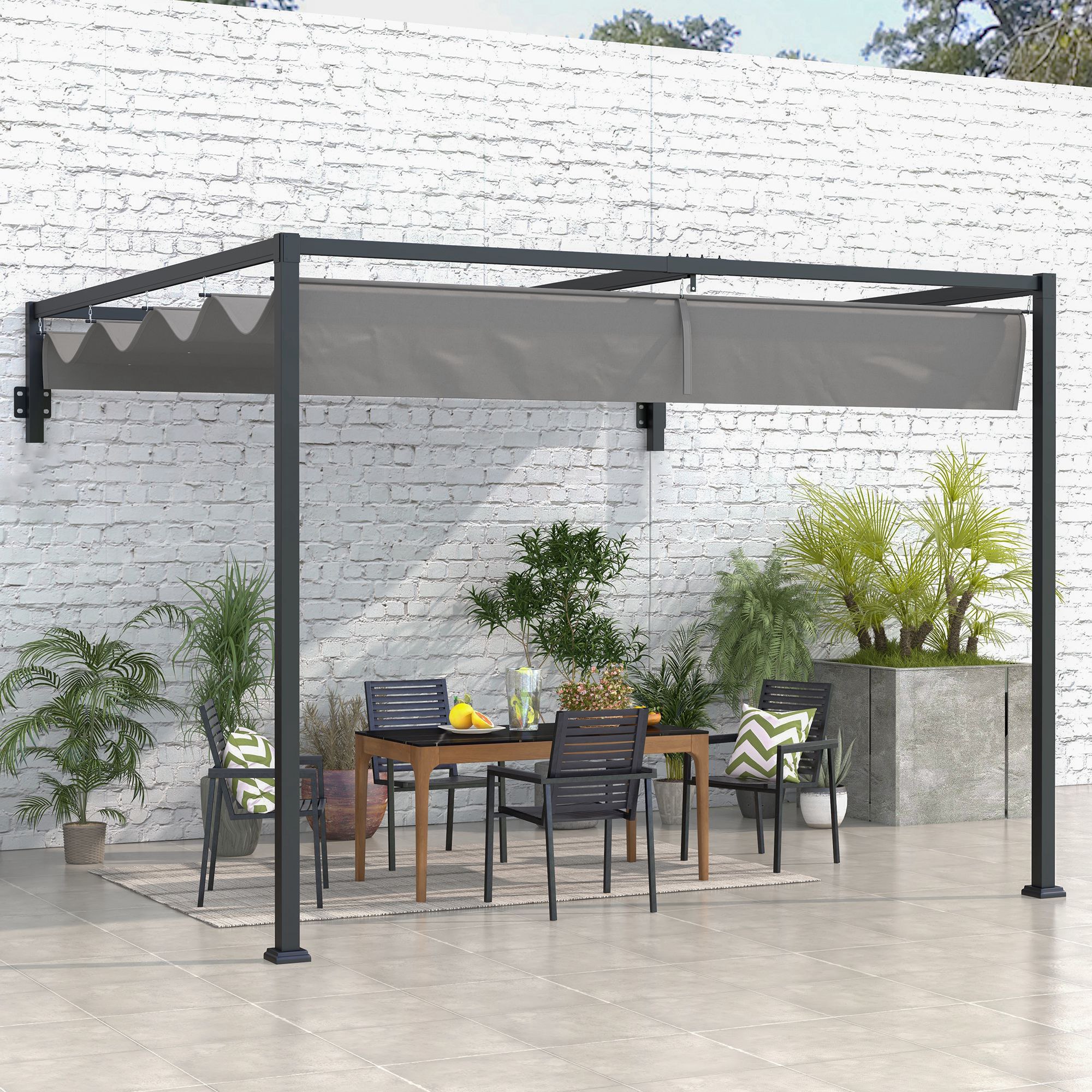 2 x 3(m) Lean To Steel Pergola, with Moving Fabric Canopy - Dark Grey ...