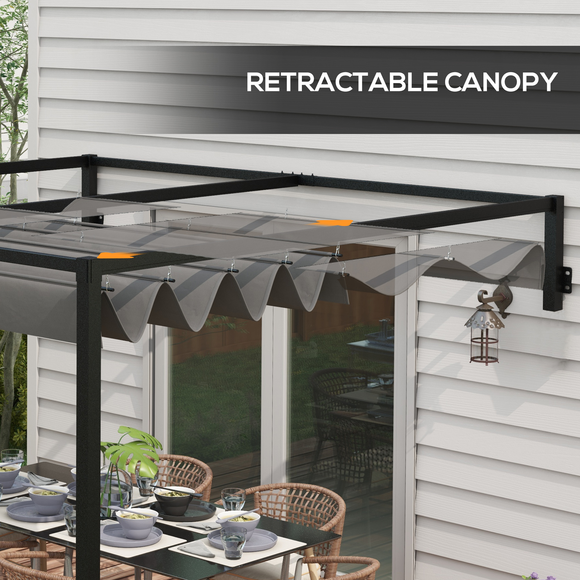 2 x 3(m) Lean To Steel Pergola, with Moving Fabric Canopy - Dark Grey ...