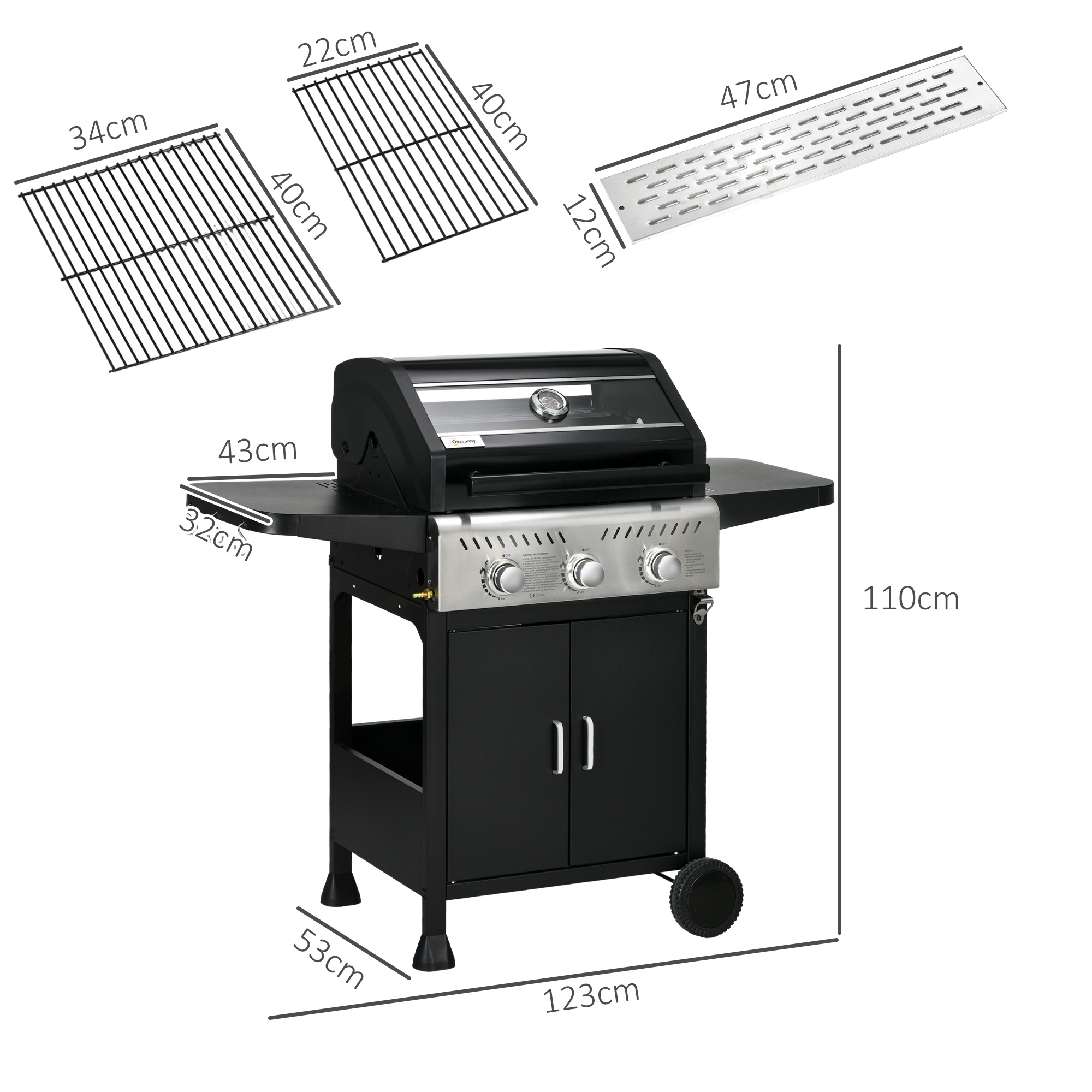 9kW Three-Burner Gas BBQ Grill, with See-Through Lid - Black on Anglia ...