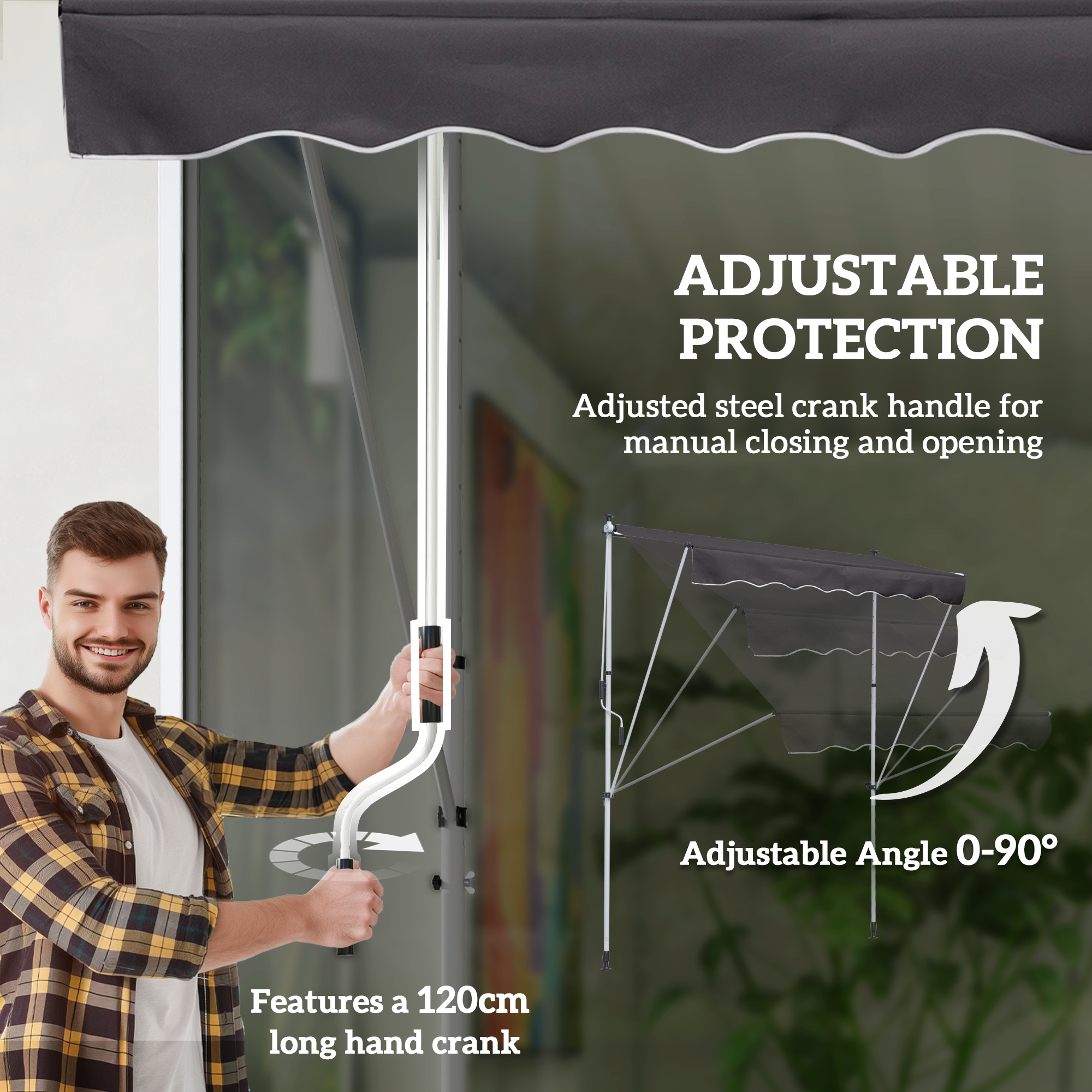 Balcony 2 x 1.5m Manual Adjustable Awning DIY Patio Clamp Awning Canopy ...
