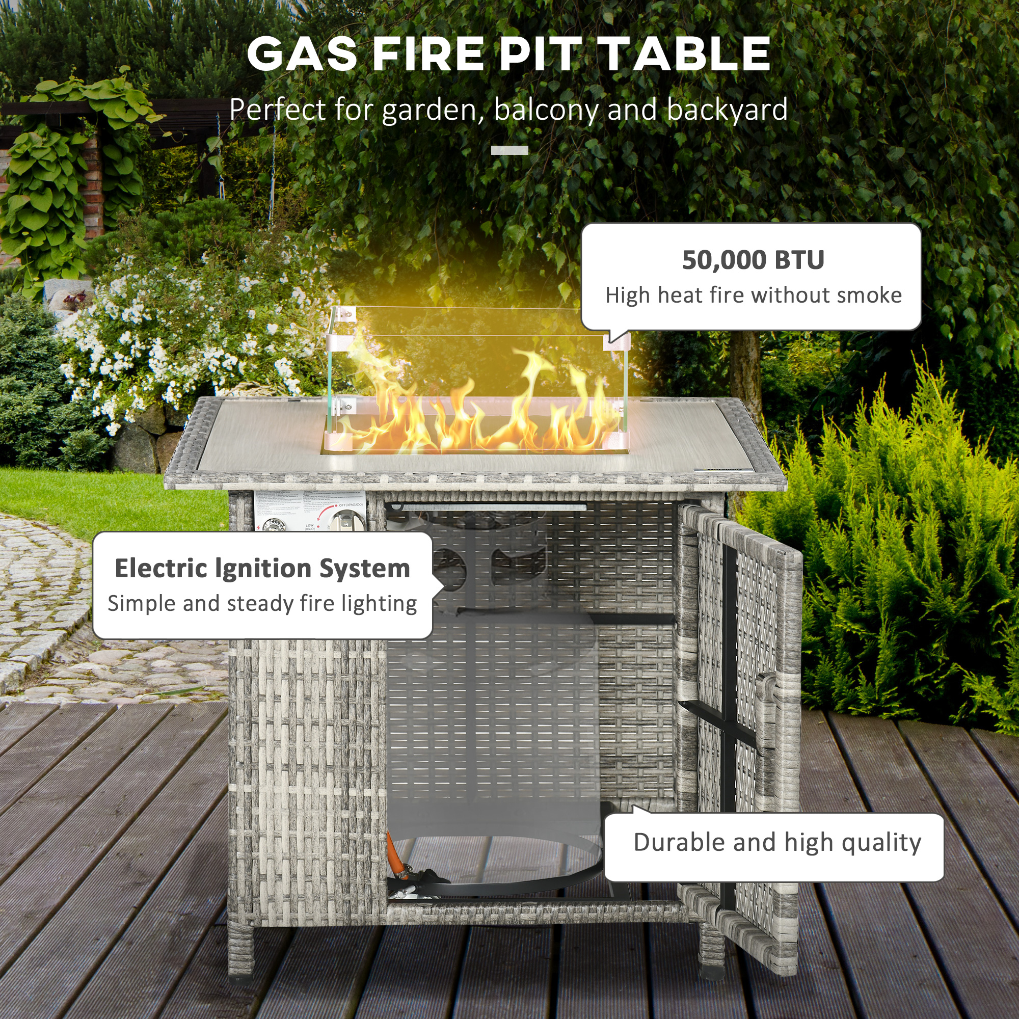Outdoor PE Rattan Gas Fire Pit Table, Patio Square Propane Heater with ...