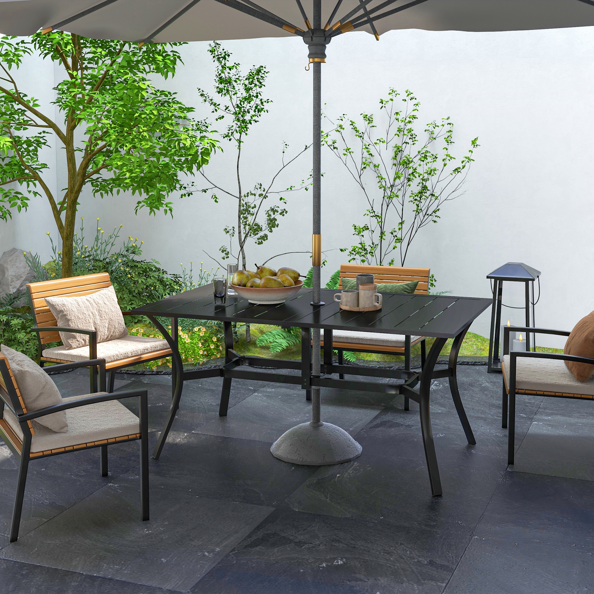 Rectangle Garden Dining Table with Parasol Hole, Patio Table with Steel ...