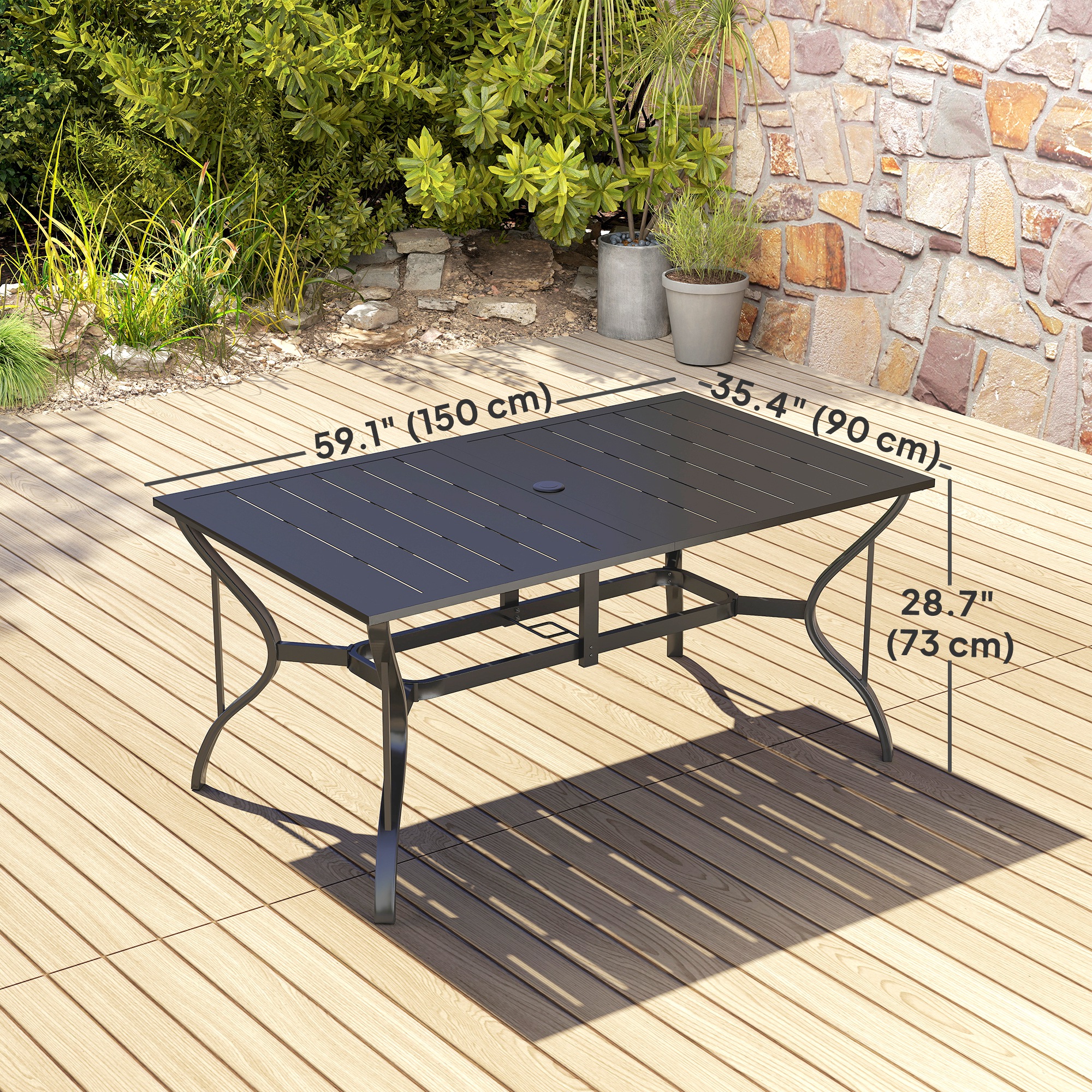 Rectangle Garden Dining Table with Parasol Hole, Patio Table with Steel ...