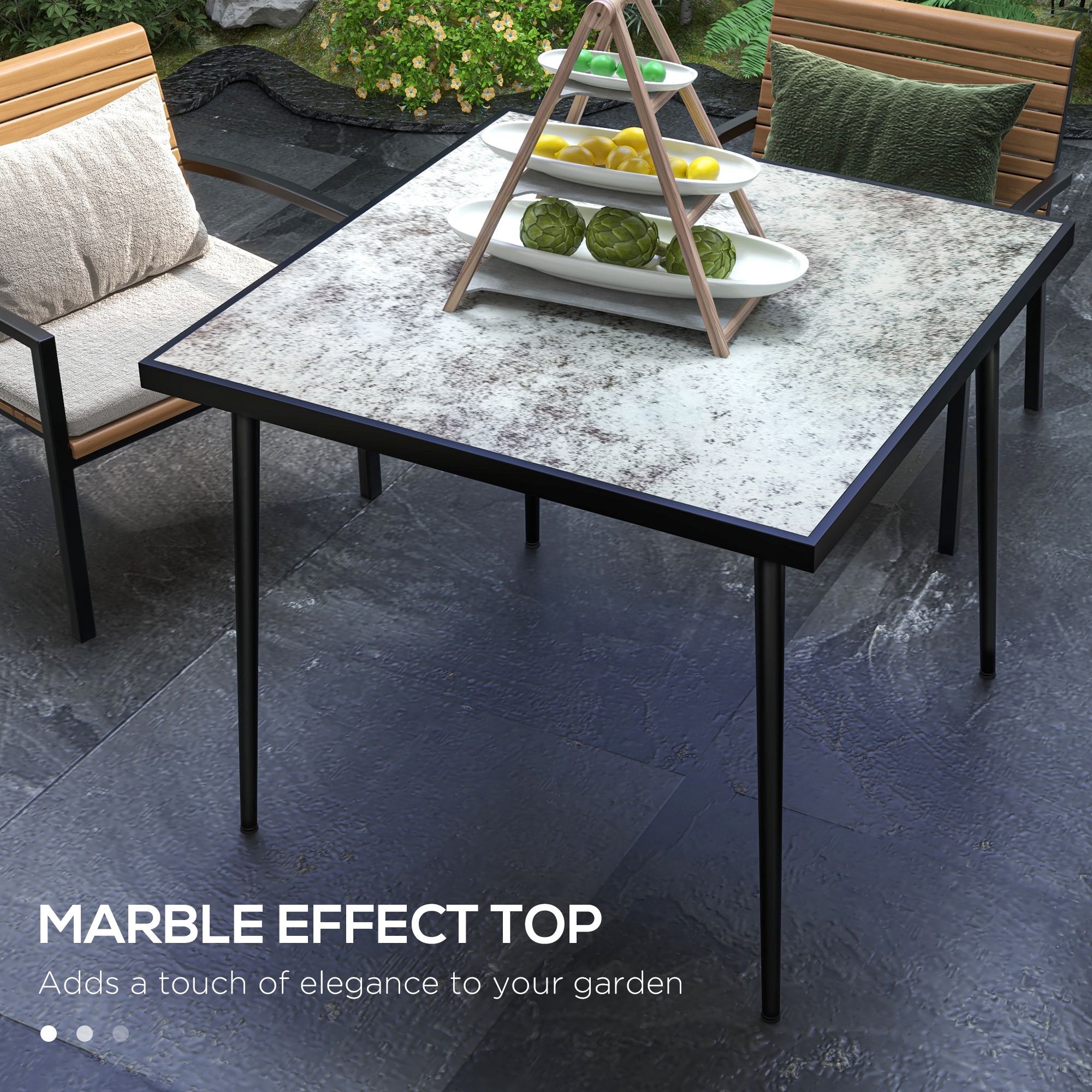 Square Garden Table, Outdoor Dining Table for 4 with Marble Effect ...