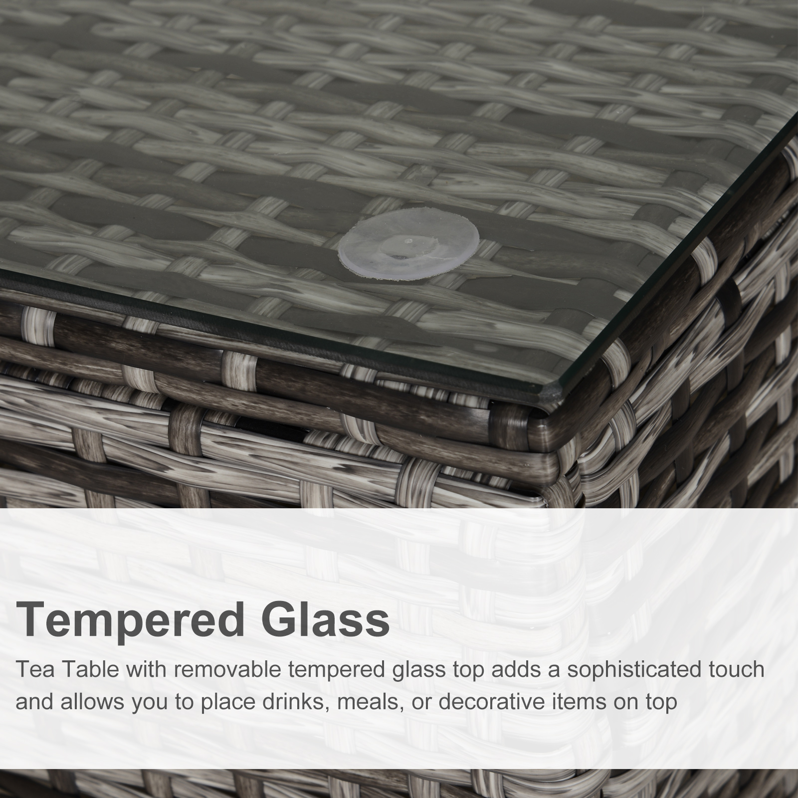 Square PE Rattan Garden Table, with Glass Table Top - Grey on Anglia Market