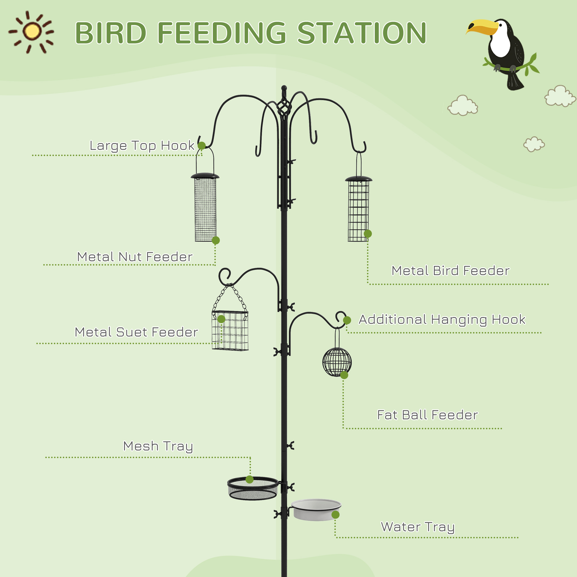 Bird Feeding Station Kit, Wild Bird Feeder Pole with 6 Hooks, 4 Hanging ...