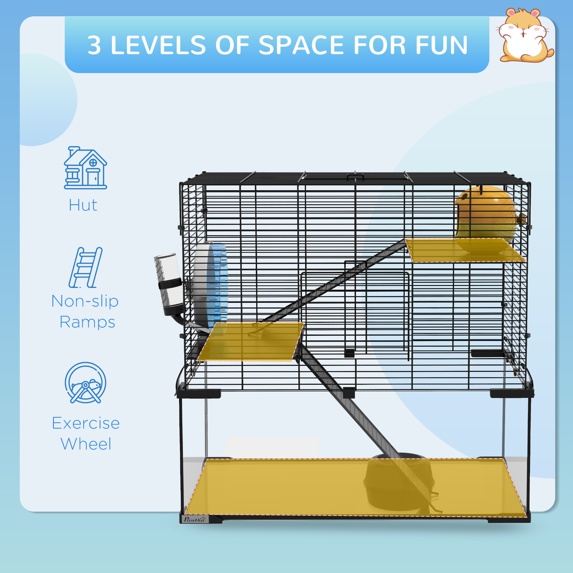 3 Tiers Hamster Cage, Gerbil Cage with Deep Glass Bottom, Non-Slip ...
