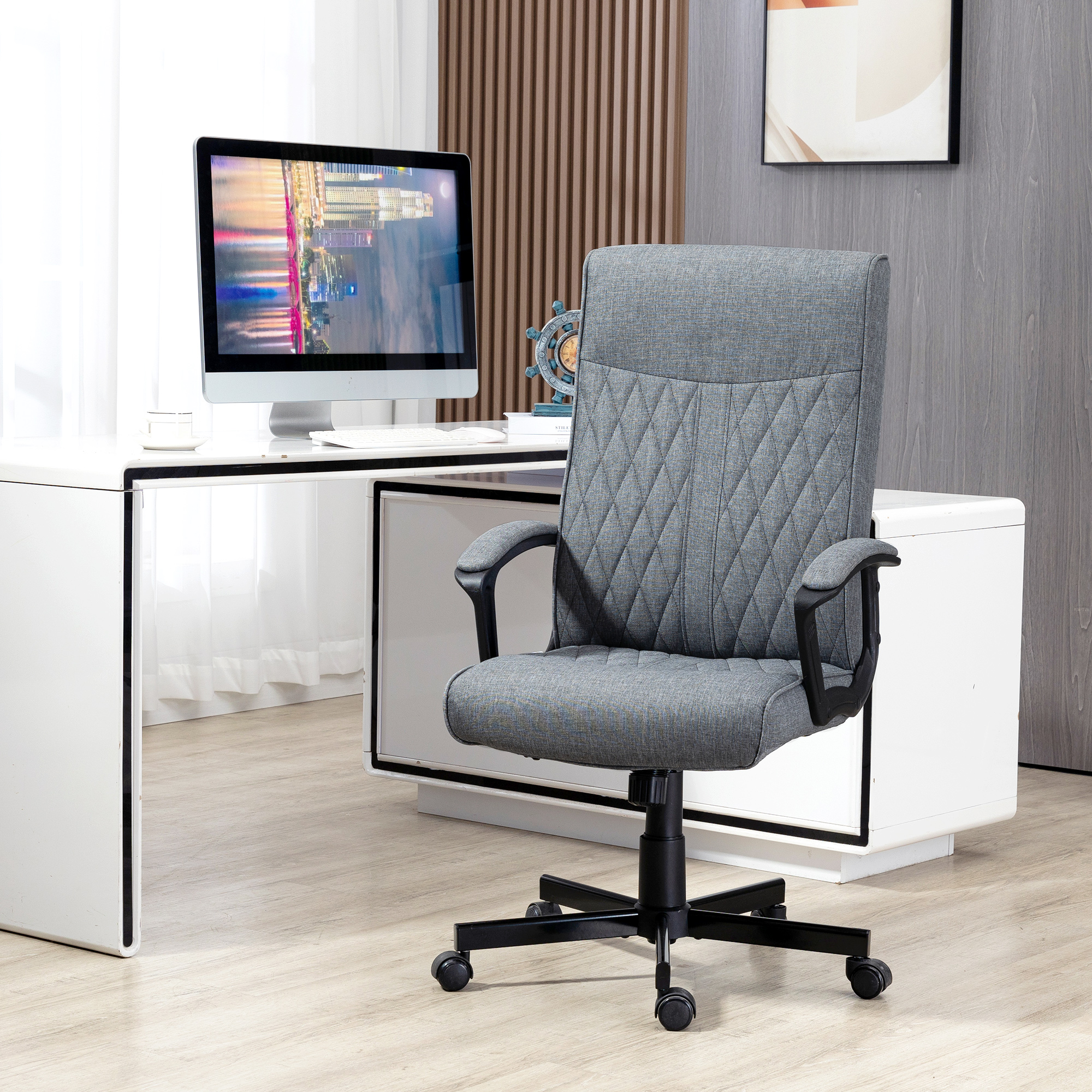 High Back Home Office Chair, Linen Fabric Computer Chair, Swivel Desk ...