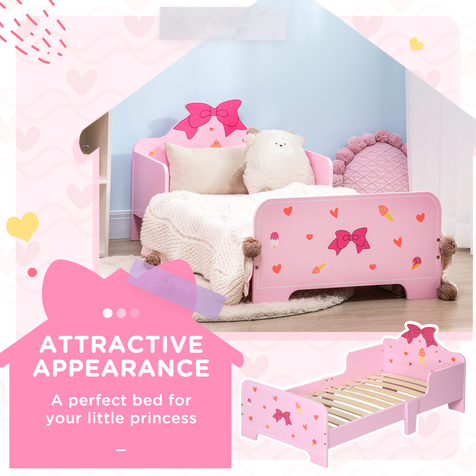 Princess-Themed Kids Toddler Bed w/ Cute Patterns, Safety Rails, for ...
