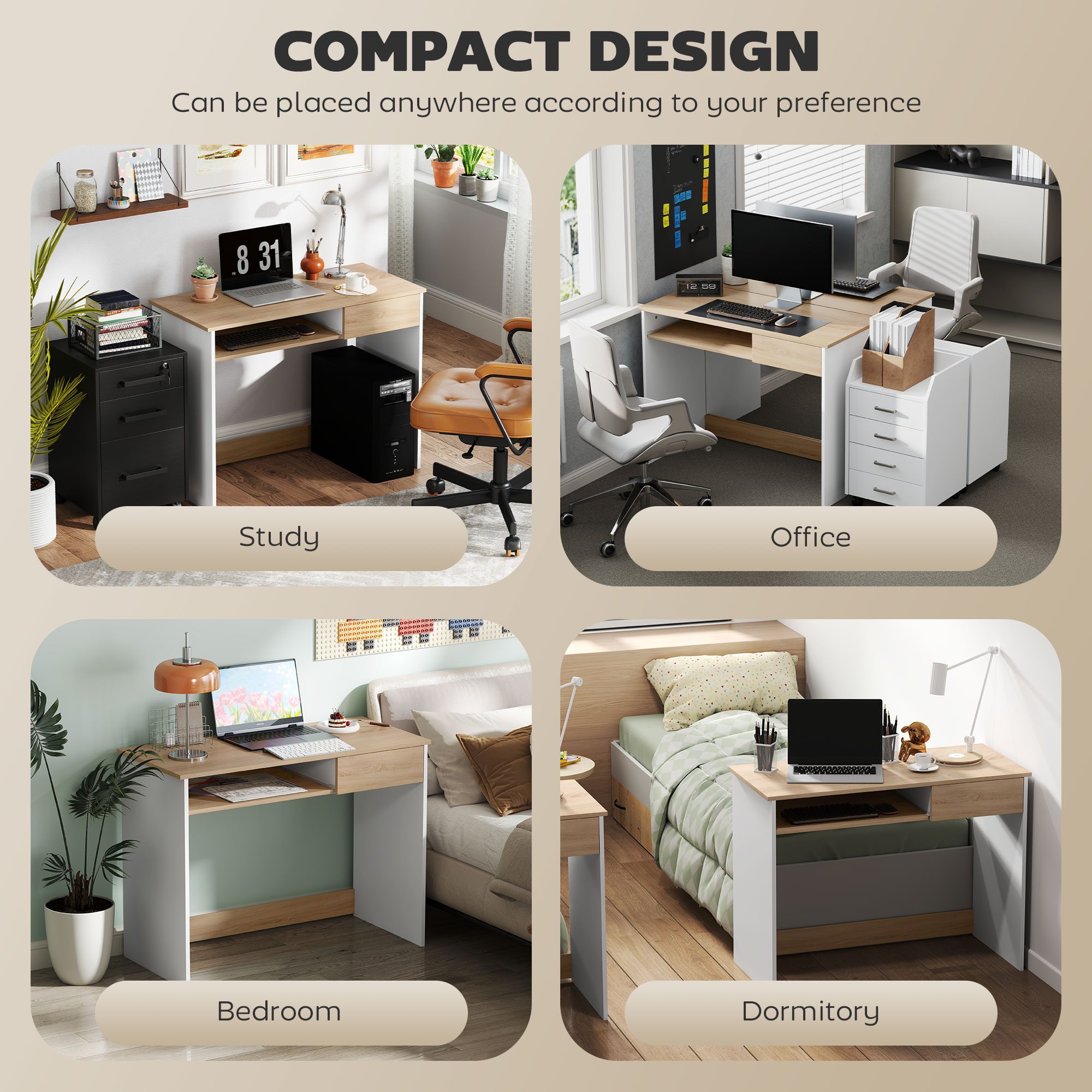 100cm Compact Computer Desk with Keyboard Tray, Home Office Desk with ...