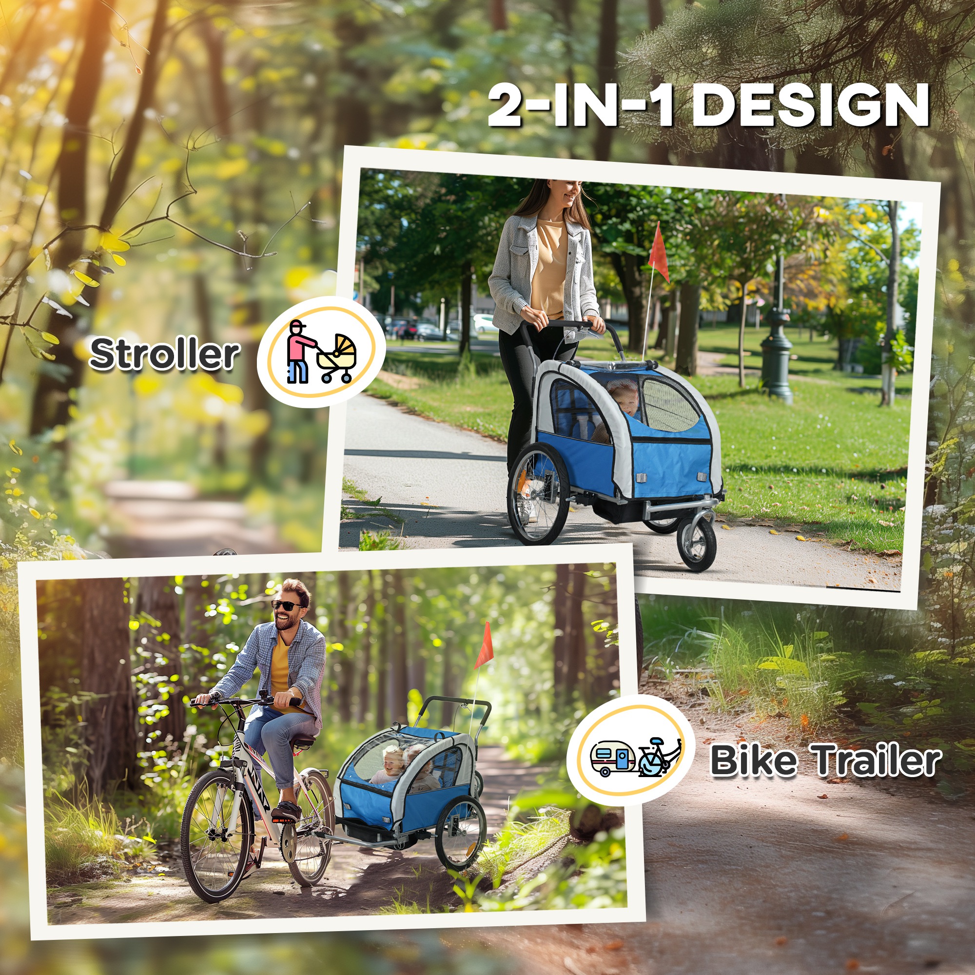 2 Seat Bike Trailer with 5 Point Harness, Baby Bike Stroller with ...