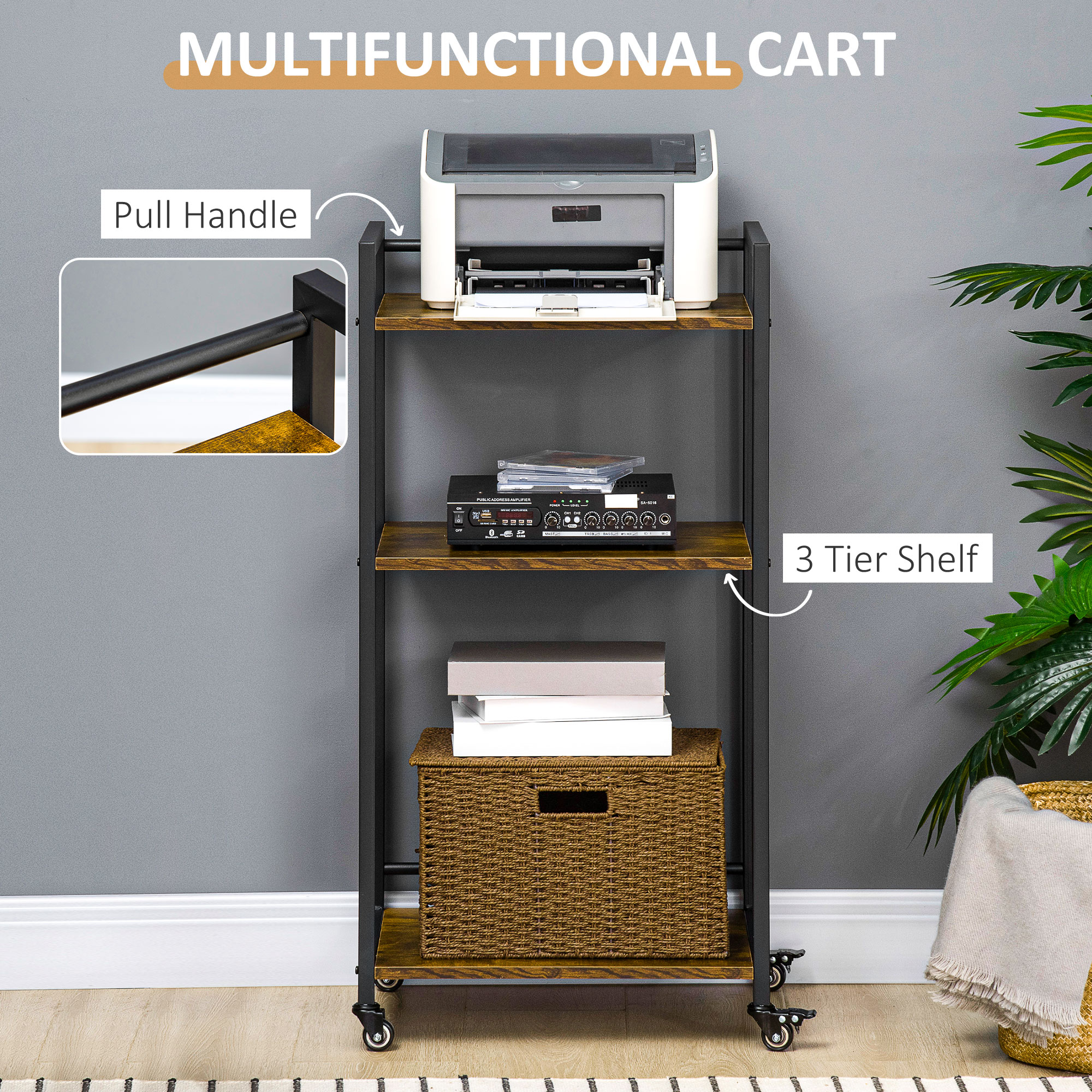 3-Tier Printer Stand, Utility Cart, Rolling Trolley with Adjustable ...