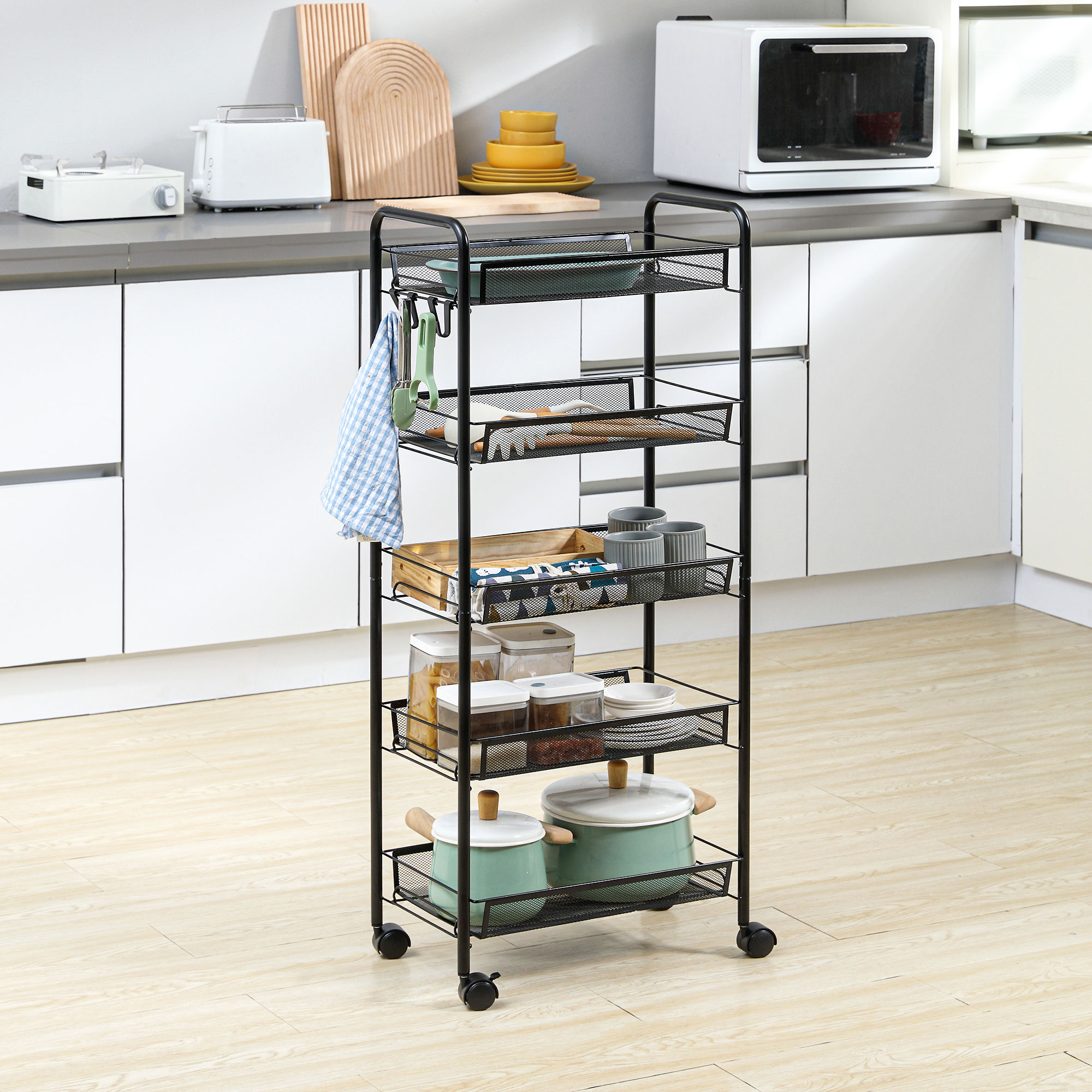 Five-Steel Mesh Basket Storage Trolley, with Wheels - Black on Anglia ...