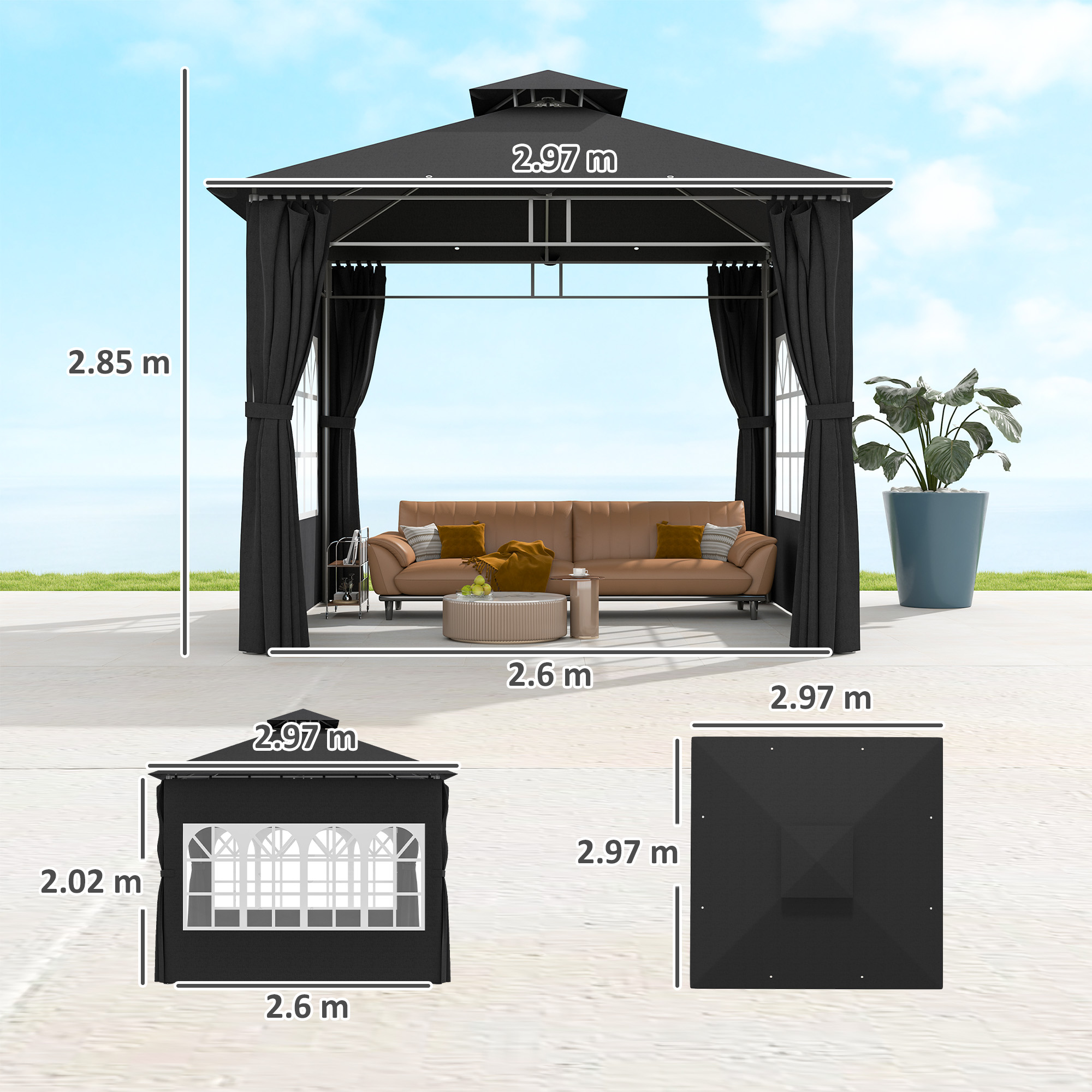 3 x 3 m Garden Gazebo, Double Roof Metal Gazebo with Removable ...
