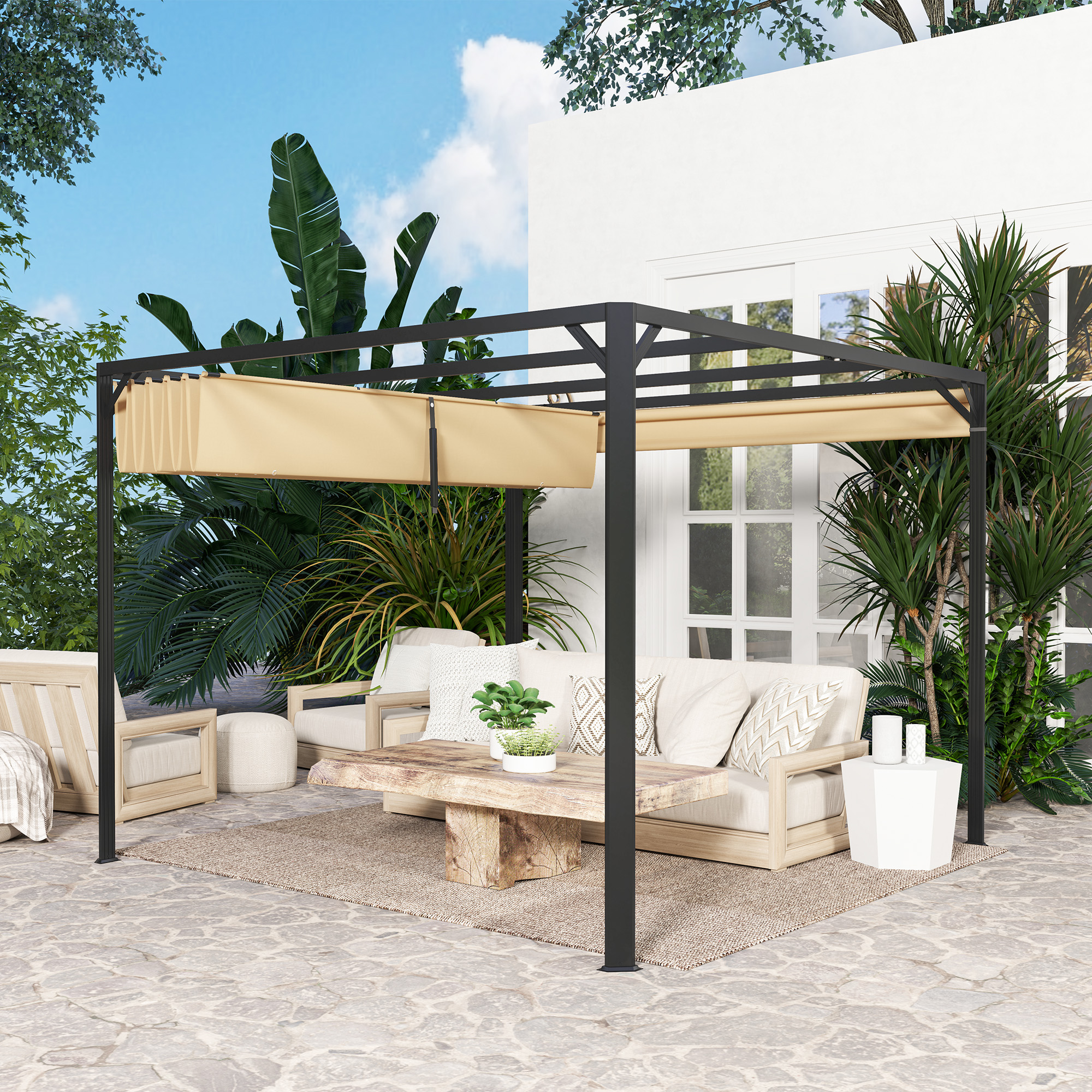 3 x 3m Aluminium Pergola, with Retractable Roof and Wall - Khaki on ...