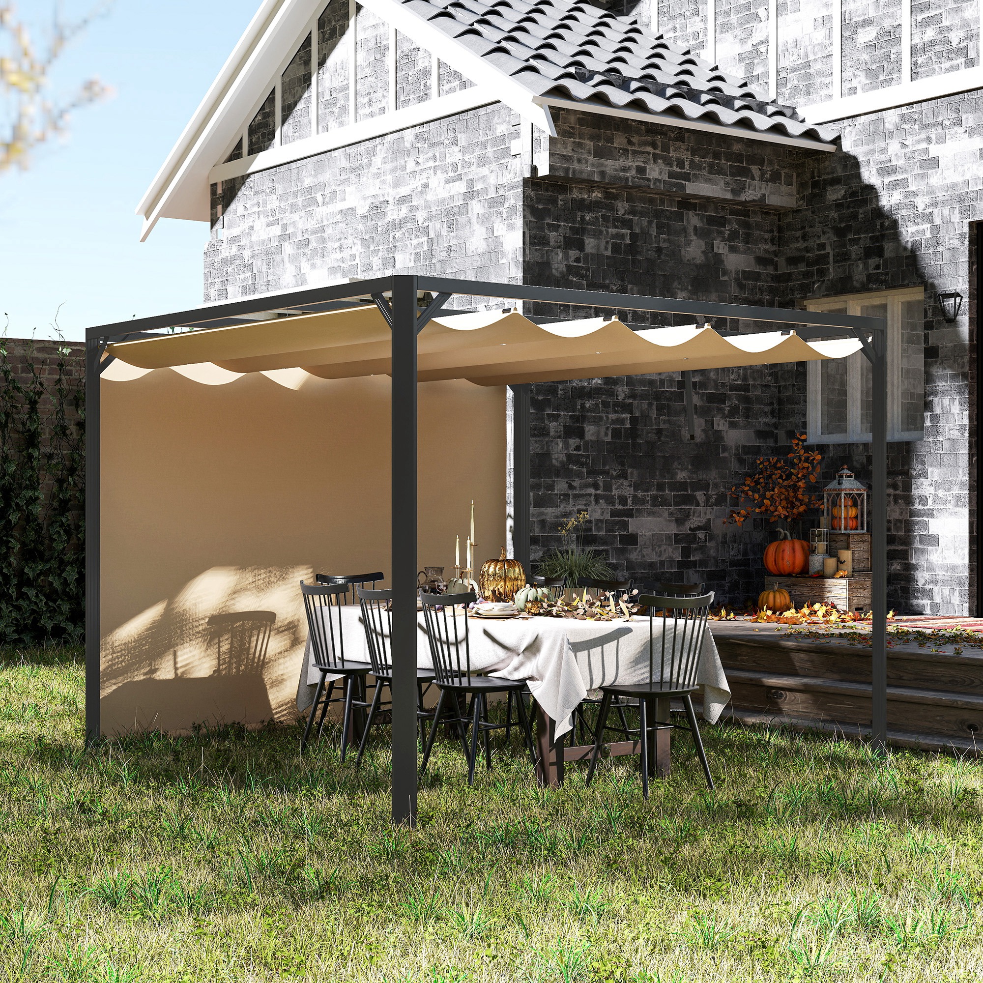 3 x 3m Aluminium Pergola, with Retractable Roof and Wall - Khaki on ...