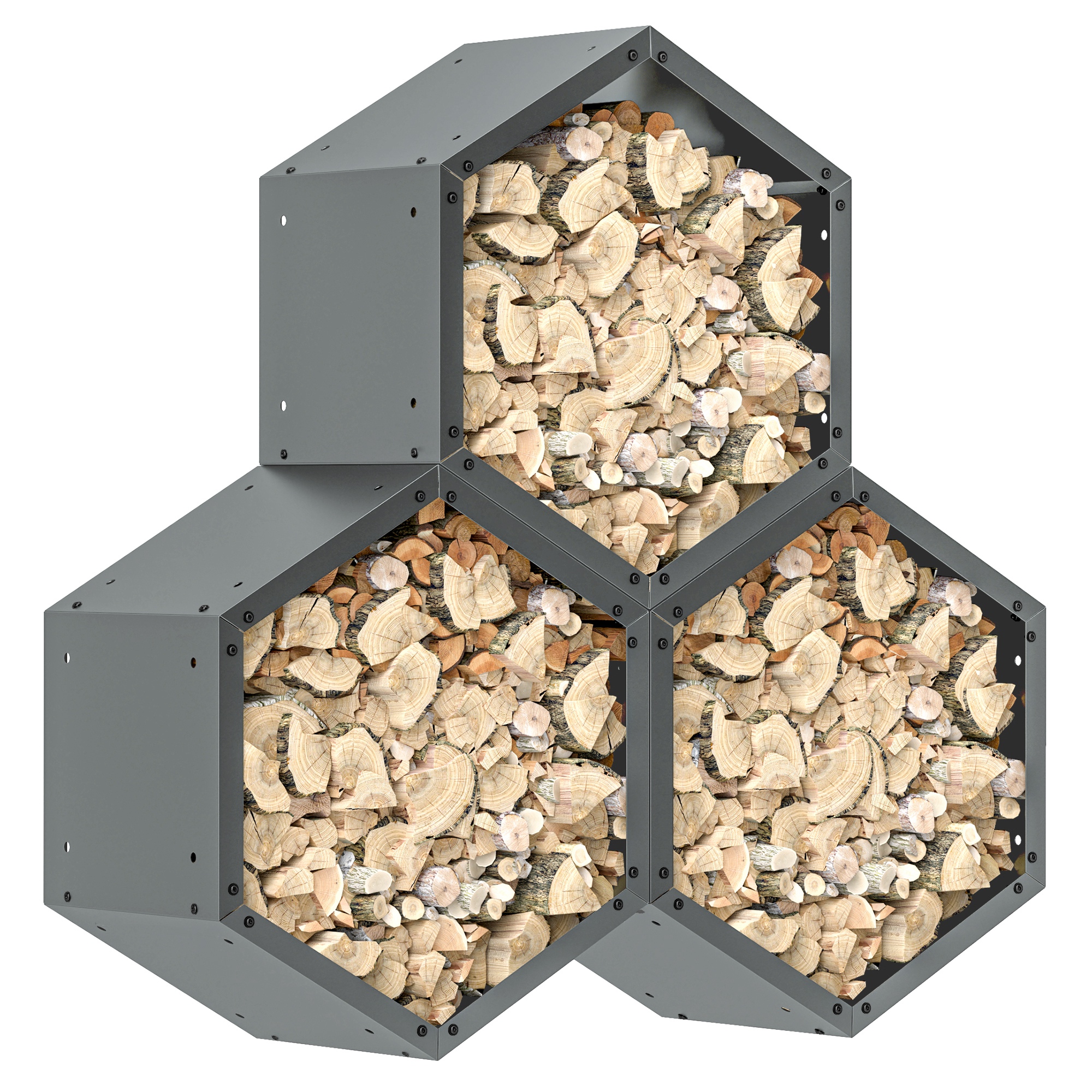 Three-Shelf Hexagon Metal Firewood Rack - Grey on Anglia Market