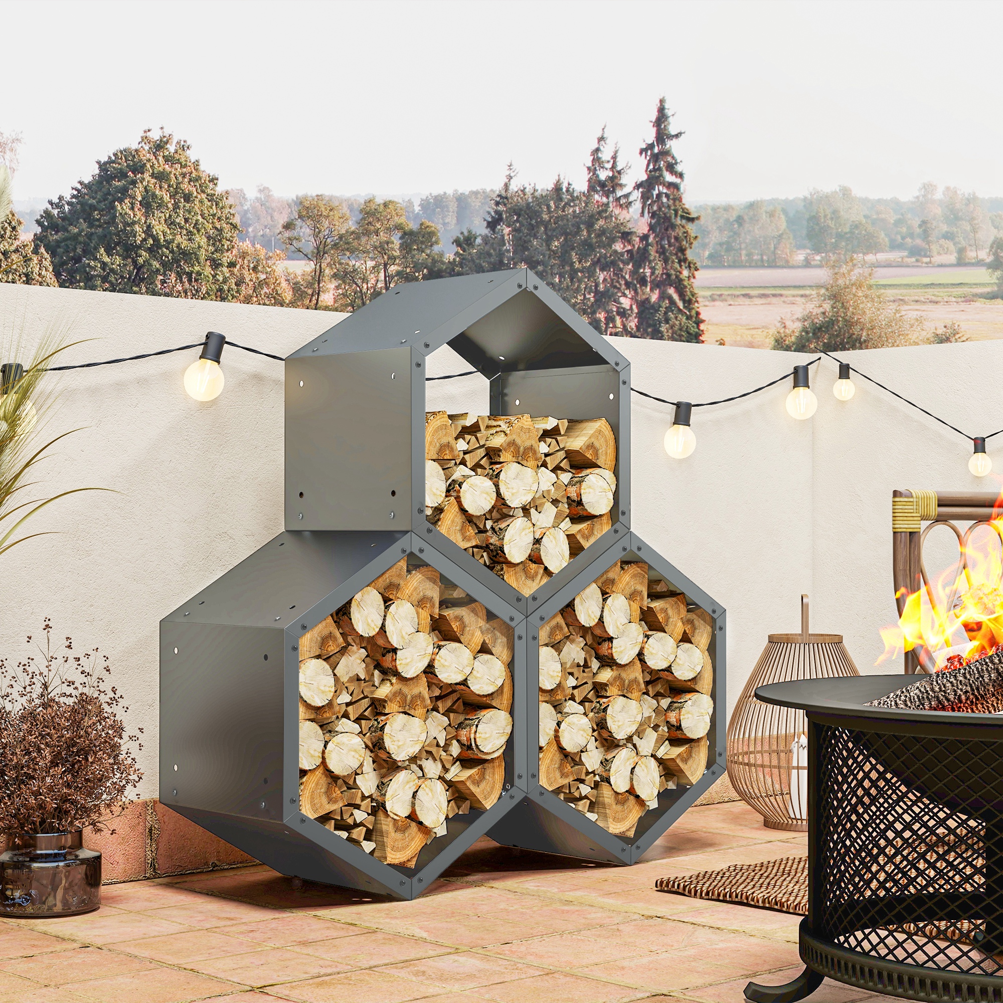Three-Shelf Hexagon Metal Firewood Rack - Grey on Anglia Market