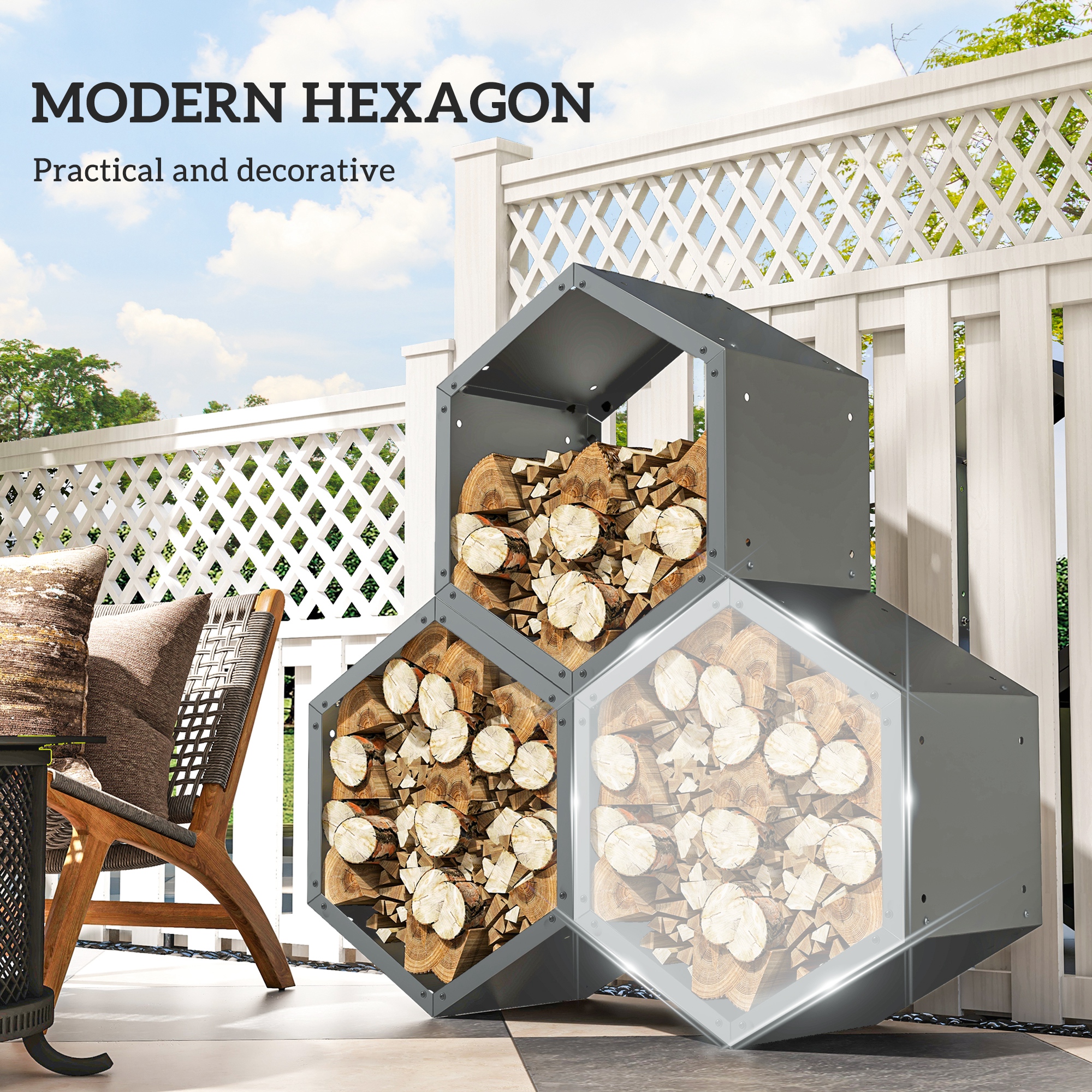 Three-Shelf Hexagon Metal Firewood Rack - Grey on Anglia Market