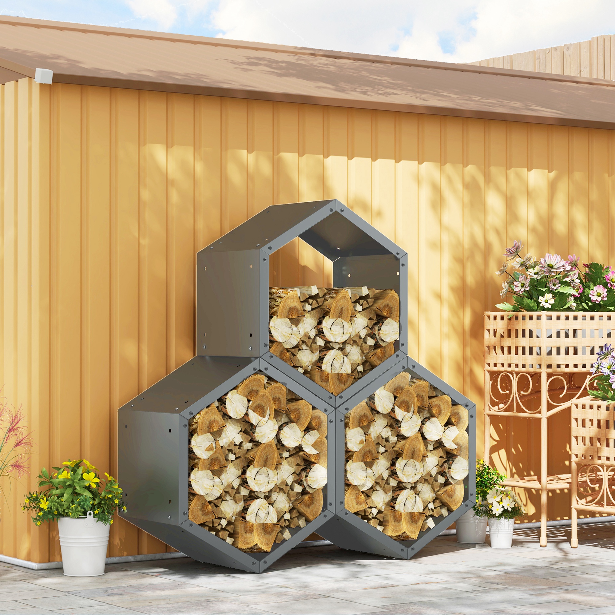 Three-Shelf Hexagon Metal Firewood Rack - Grey on Anglia Market