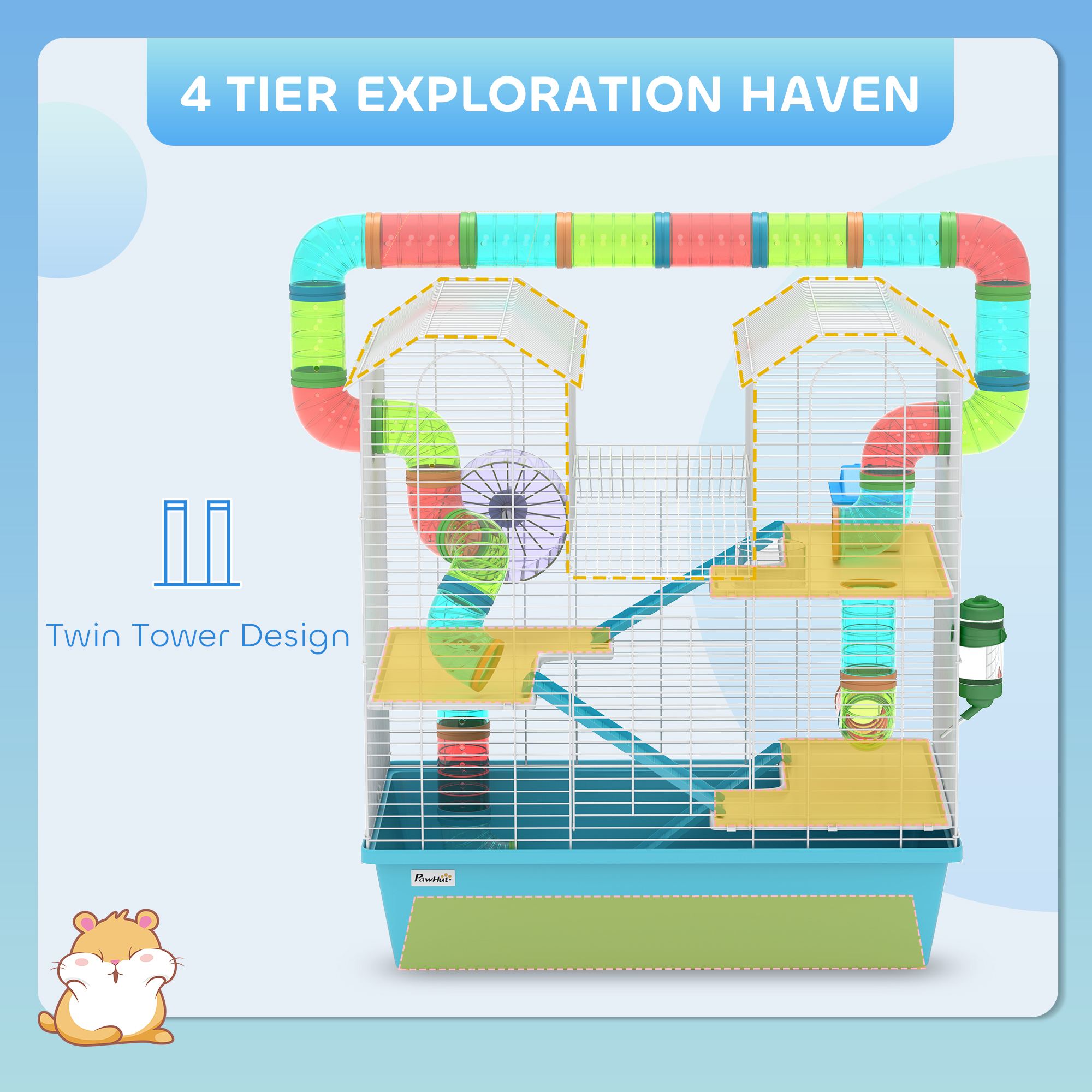 4 Tier Hamster Cage w/ Tubes, Exercise Wheel, Hut, Water Bottle, Food ...