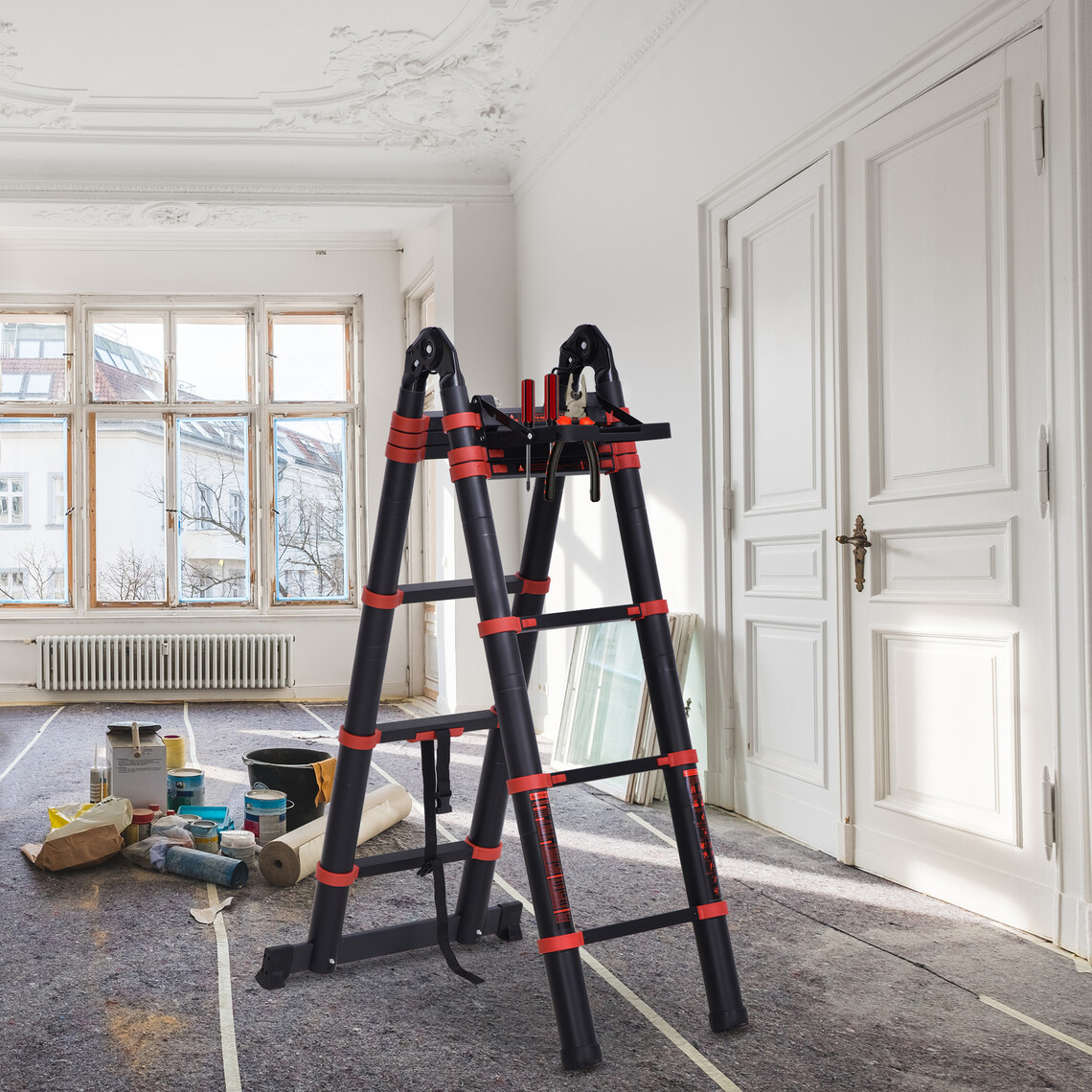 HOMCOM 3.8M Duo Aluminium Ladder w/ Tool Holder Herringbone Deployed ...