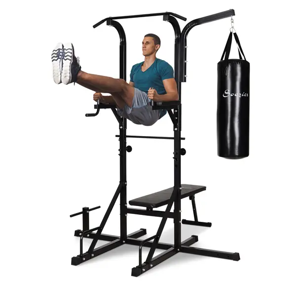 HOMCOM Home Gym Power Tower with Bench and Punching Bag, Multi-Function ...