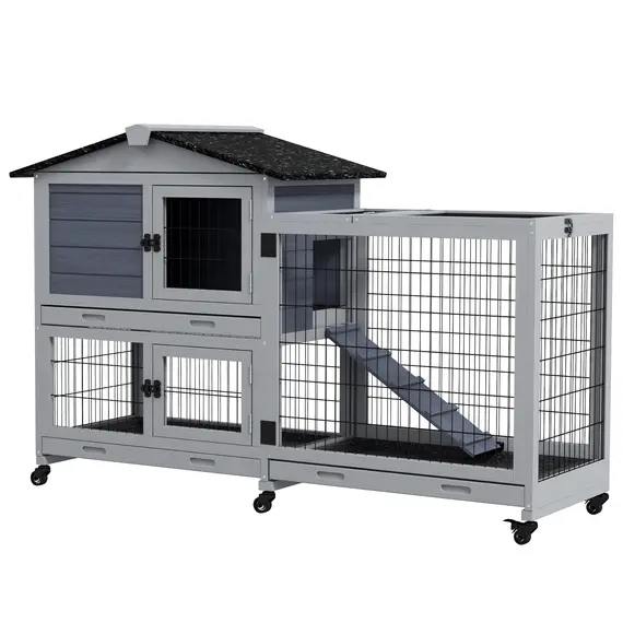 Portable Rabbit Cage, Rabbit Hutch with Run, Wheels, Three Slide-Out ...
